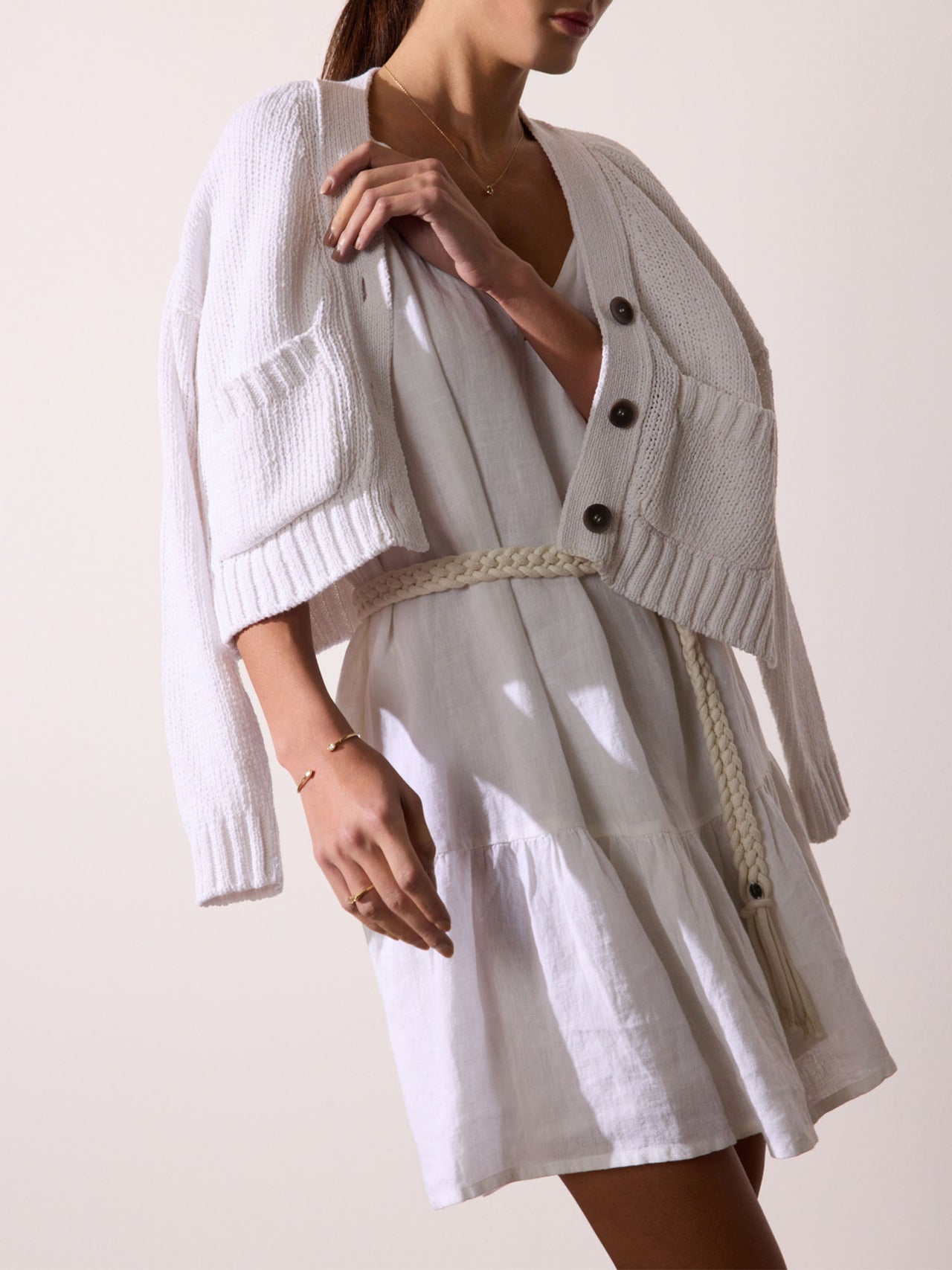 Women's Linen/Cotton Cropped Cardigan, White