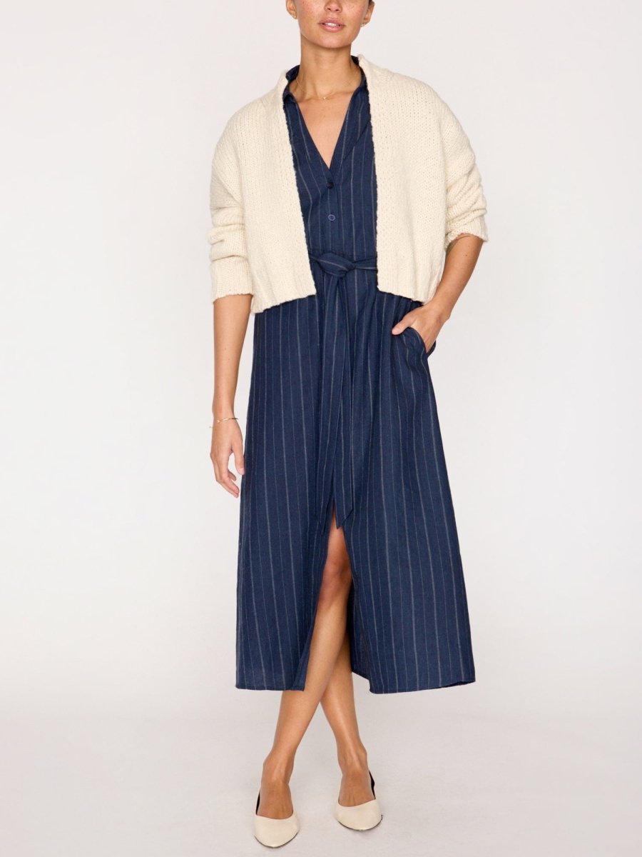 Women's Fia Belted Stripe Dress in Navy Pinstripe | Brochu Walker