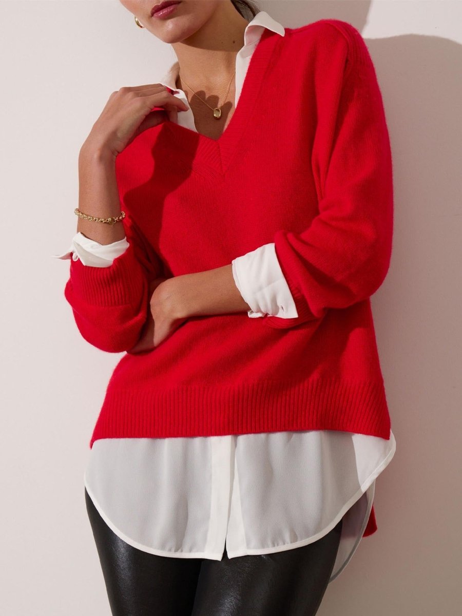 Women's V-Neck Layered Pullover in Aura Red | Brochu Walker