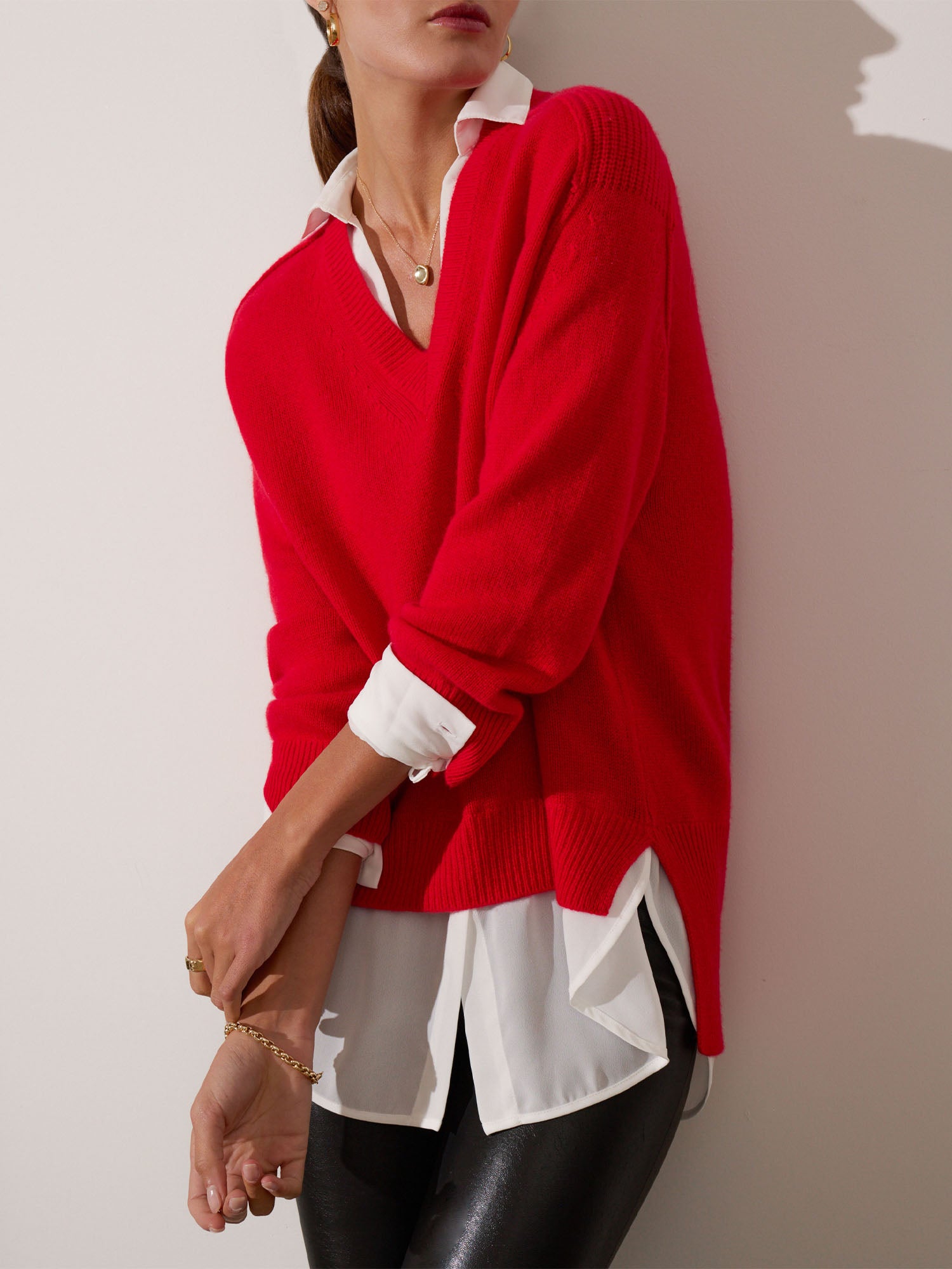 Women's V-Neck Layered Pullover in Aura Red | Brochu Walker