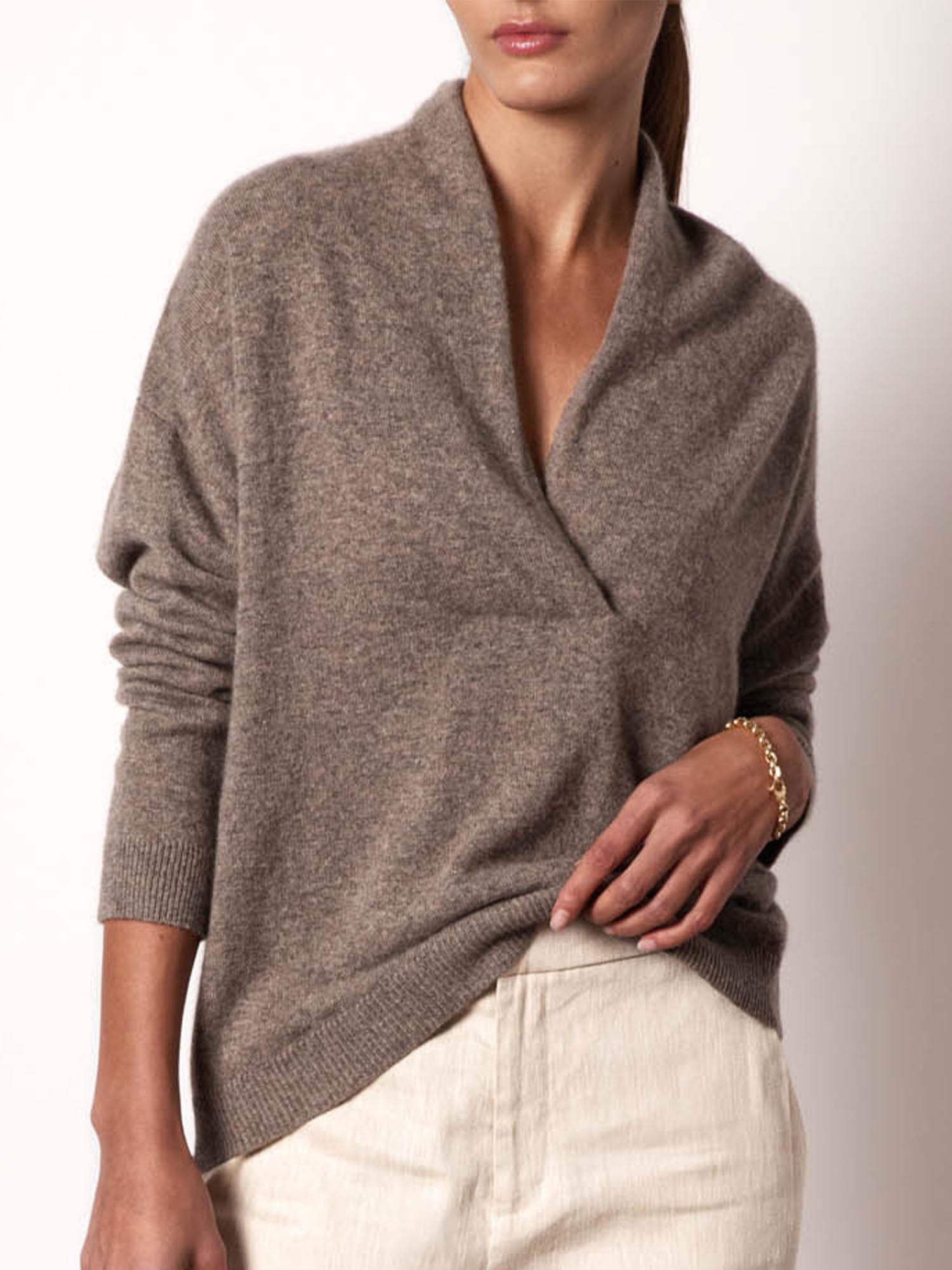 Women's Siena Wrap Neck Pullover in Otter Mélange | Brochu Walker