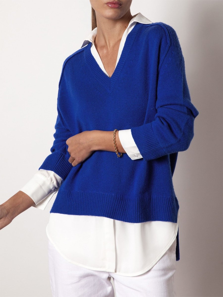Women's V-Neck Layered Pullover in Lapis Blue with White | Brochu Walker