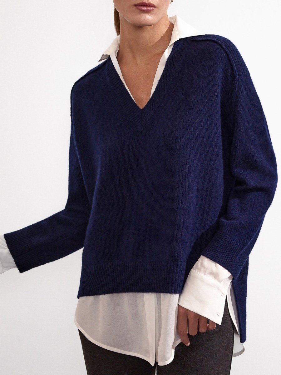 Women's Looker Layered V-Neck in Navy with White Underlayer