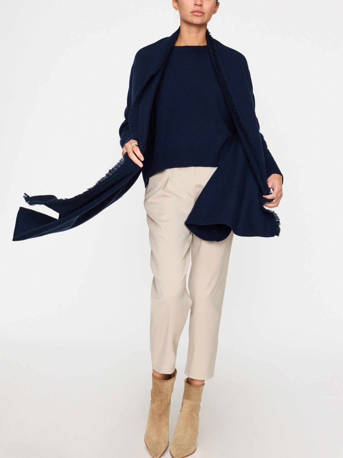 Women's Cashmere Fringe Sweater Wrap, Navy