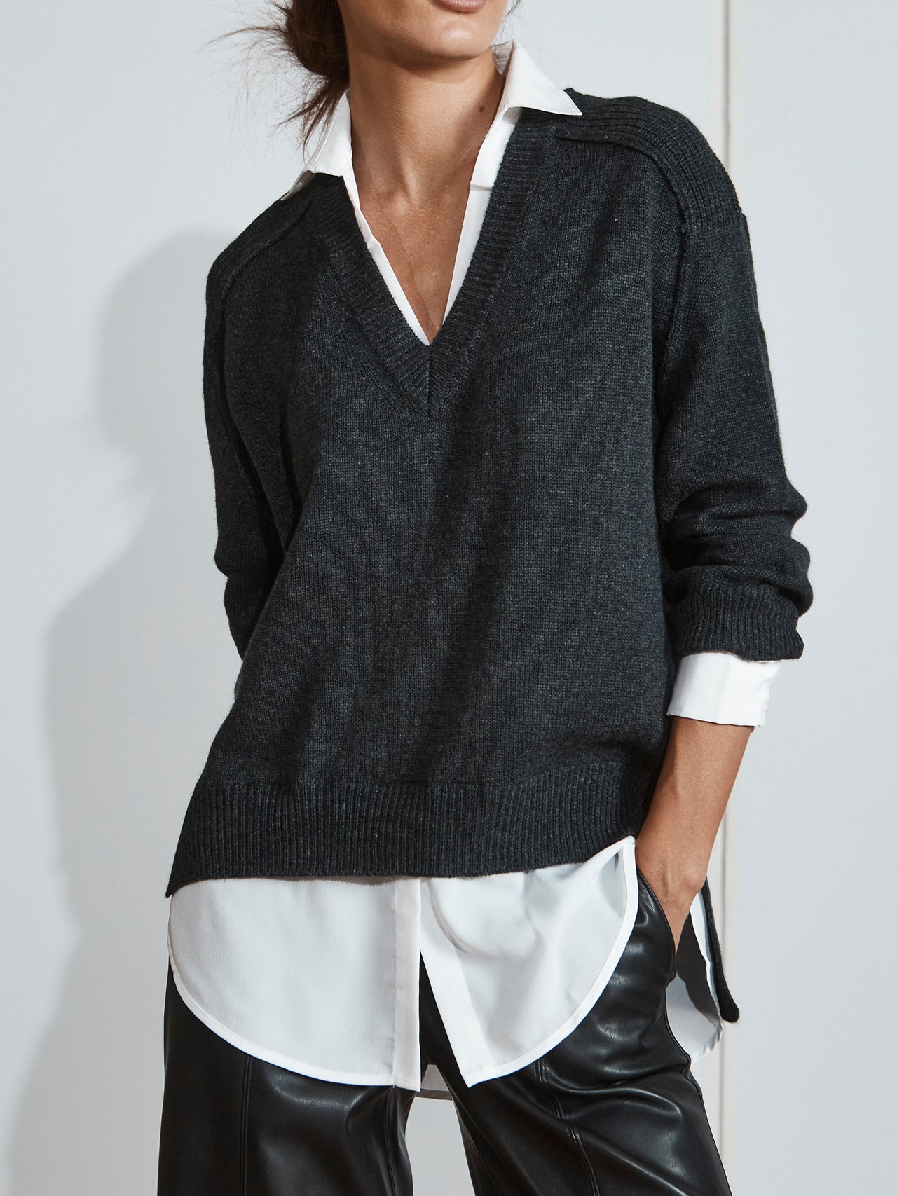 Women's V-neck Layered Pullover Sweater in Dark Charcoal