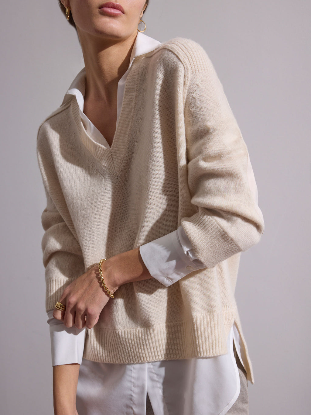 Women's Layered V-neck Looker Sweater in Tan