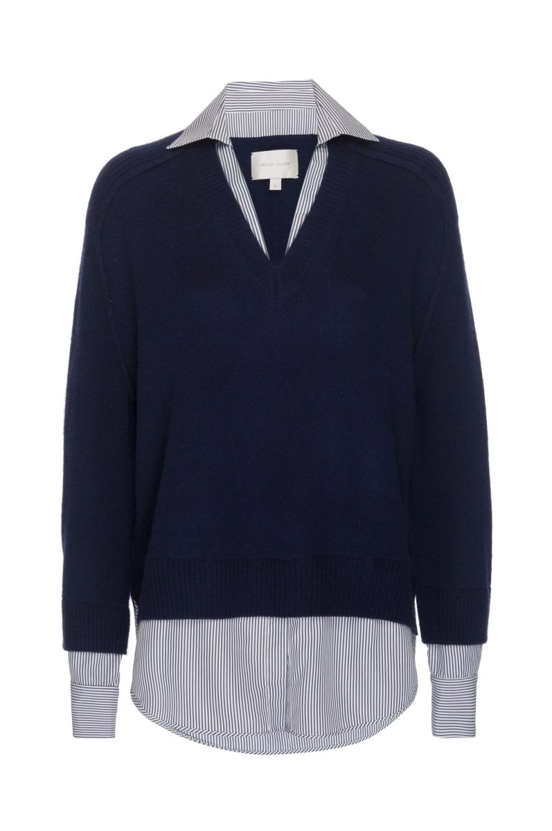 Women's Layered V-neck Pullover Sweater in Navy with Stripe Woven